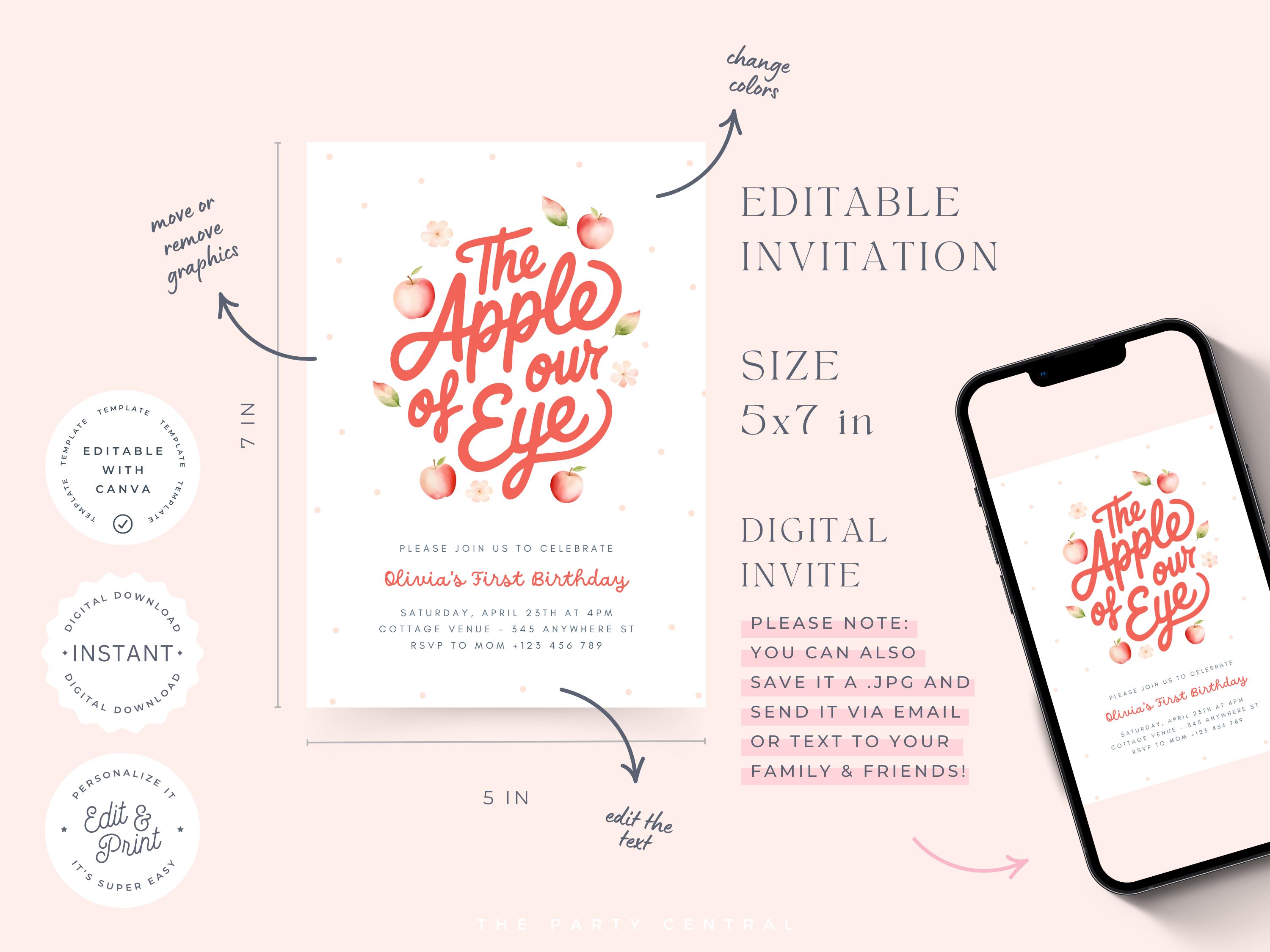 EDITABLE Apple of Our Eye Birthday Invitation, Girls First Birthday ...