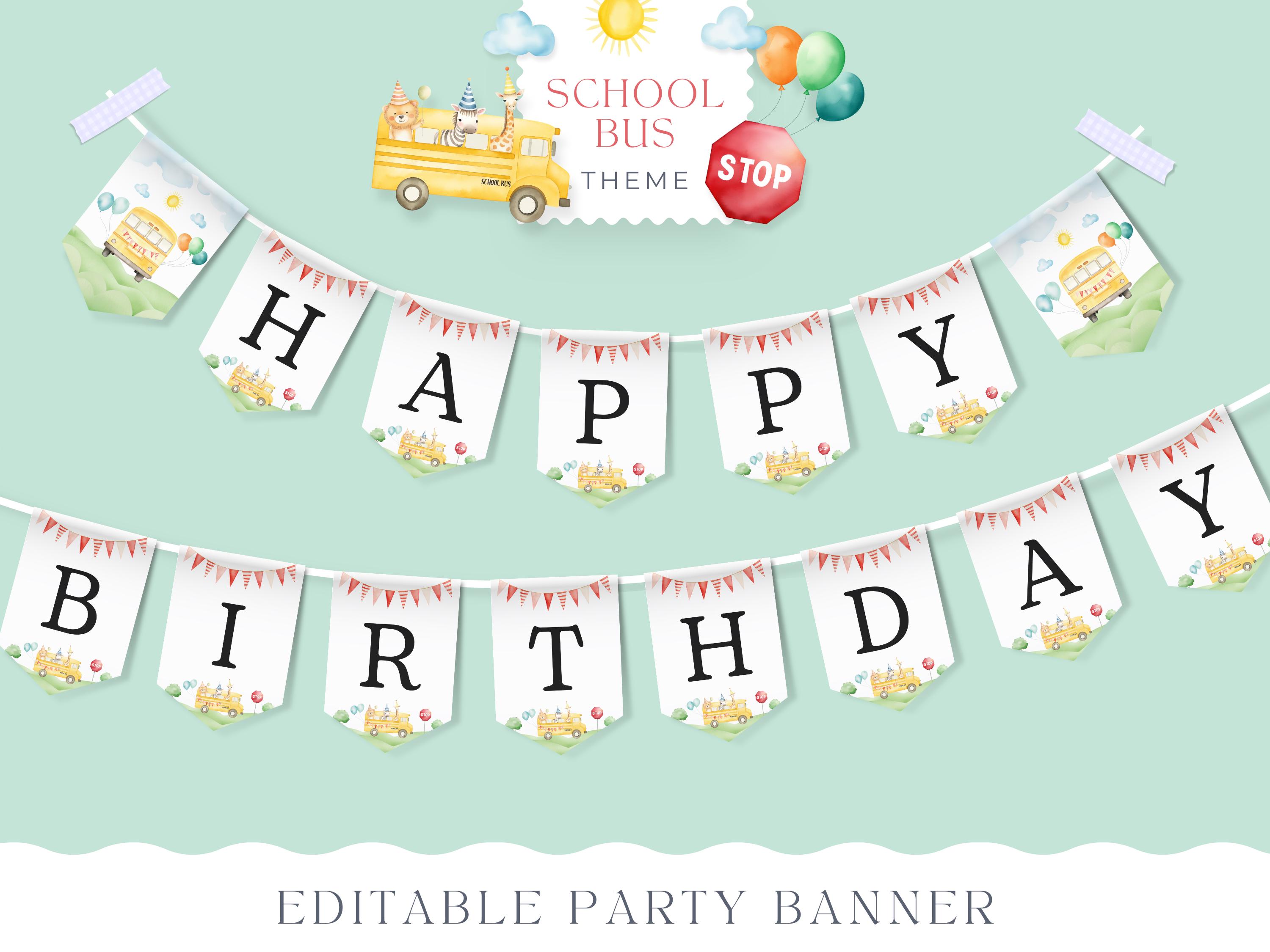 Wheels on the Bus Birthday Banner, School Bus Party Printable, Animals ...