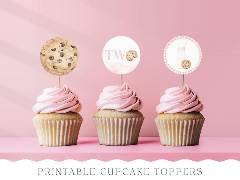 Milk Cookies Cupcake Toppers, Two Sweet Birthday, Pink Cookies and Milk ...