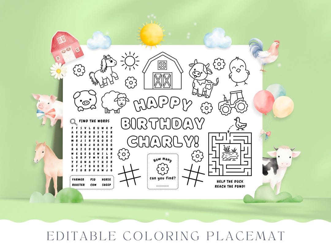 Farm Animal Birthday Coloring Placemat, Farm Coloring Sheet Page for ...