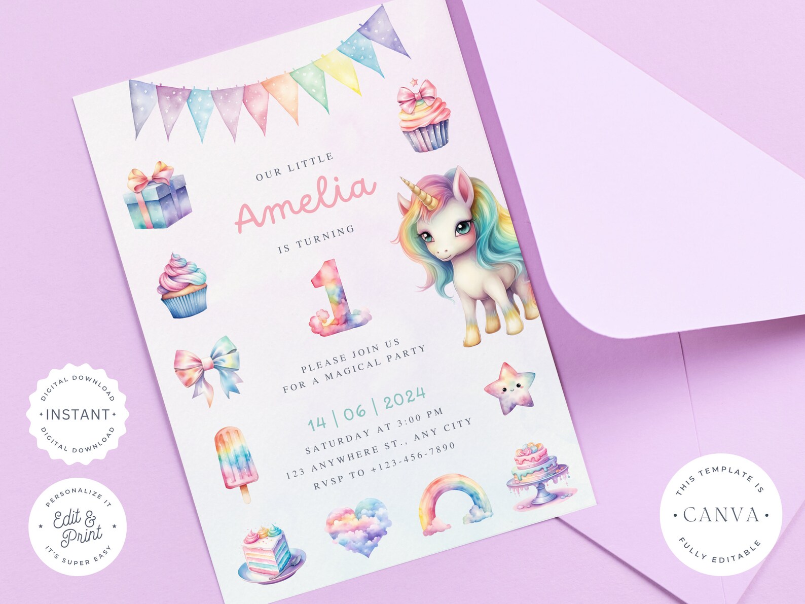 EDITABLE Unicorn 1st Birthday Invitation, Pastel Unicorns and Rainbows ...