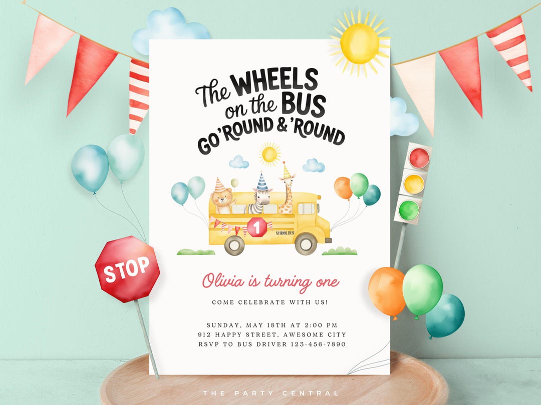 Wheels on the Bus Birthday Invitation, School Bus Digital Invite ...