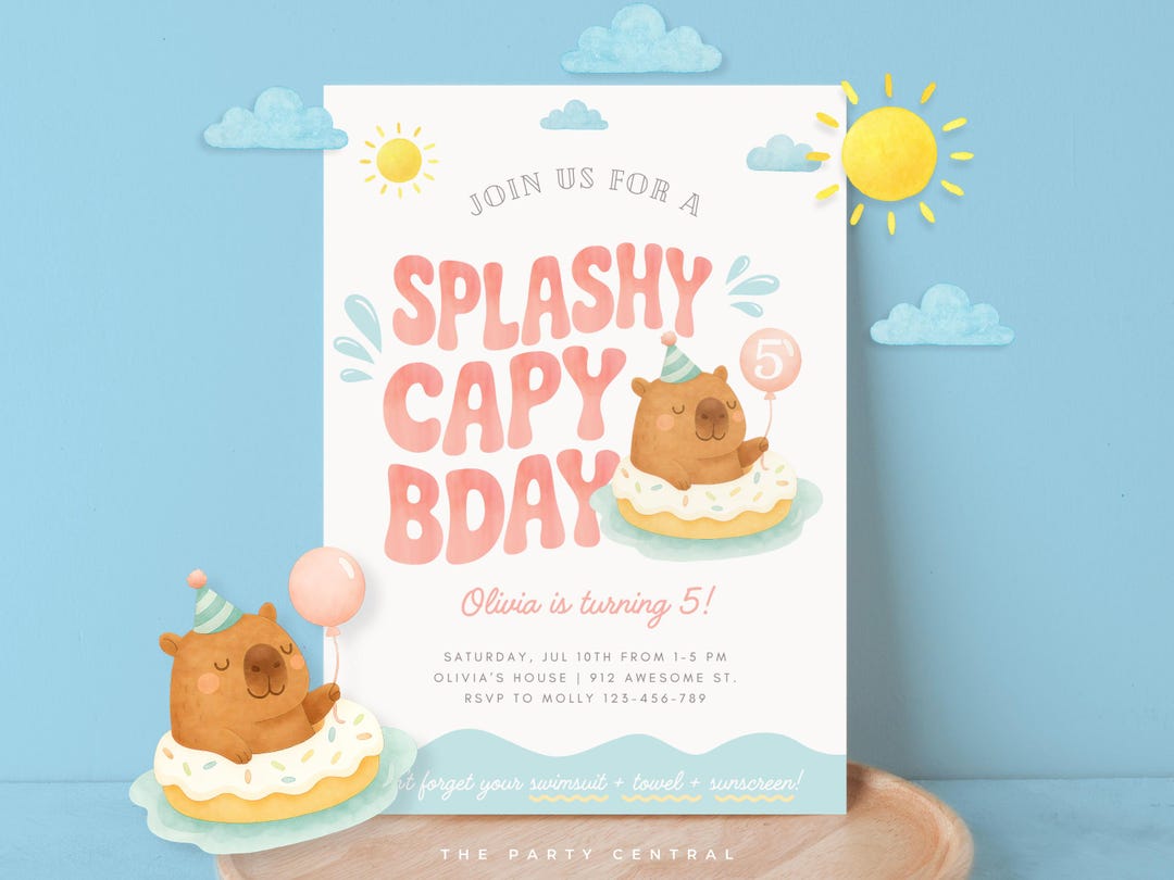 Capybara Pool Party Invitation, Splashy Capy Birthday Invite, Preppy ...
