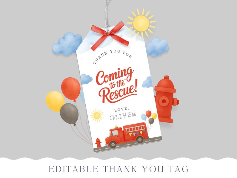 Fire Truck Thank You Tag, Firetruck Birthday Party Favor, Firefighter ...