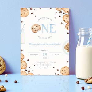 EDITABLE Milk and Cookies First Birthday Invitation, Canva Template ...
