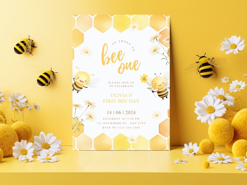EDITABLE First Bee-day Invite, CANVA Template, Sweet to Bee One ...