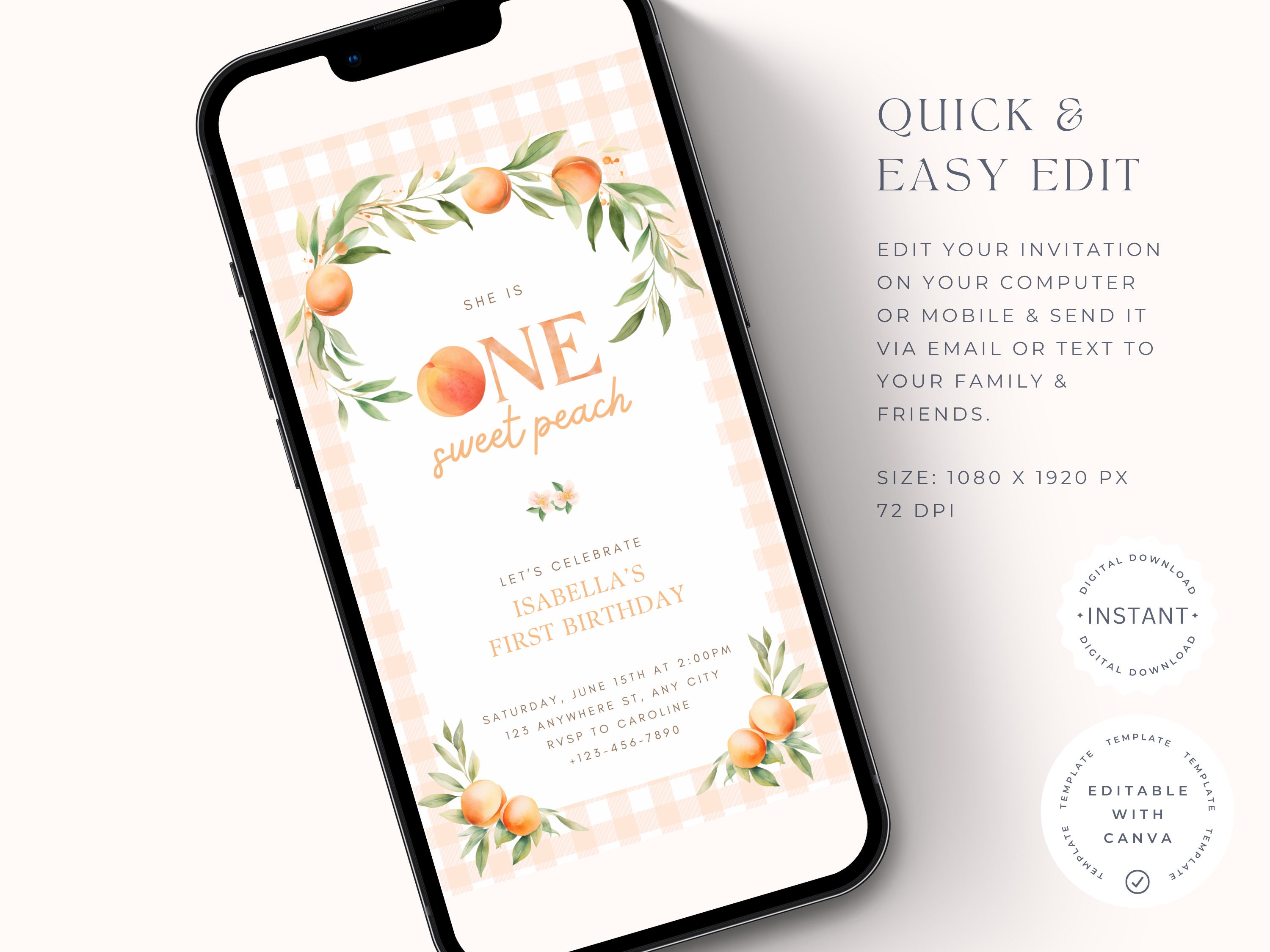 EDITABLE One Sweet Peach Evite, CANVA Template, 1st Little Birthday ...