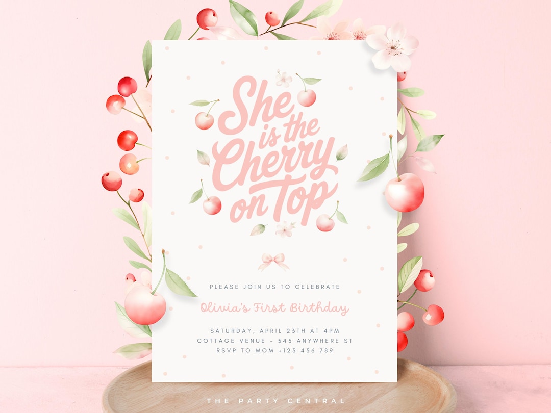 EDITABLE Cherry on Top Birthday Invitation, Pink Cherry, Shes the Cherry on Top Party Invite ...