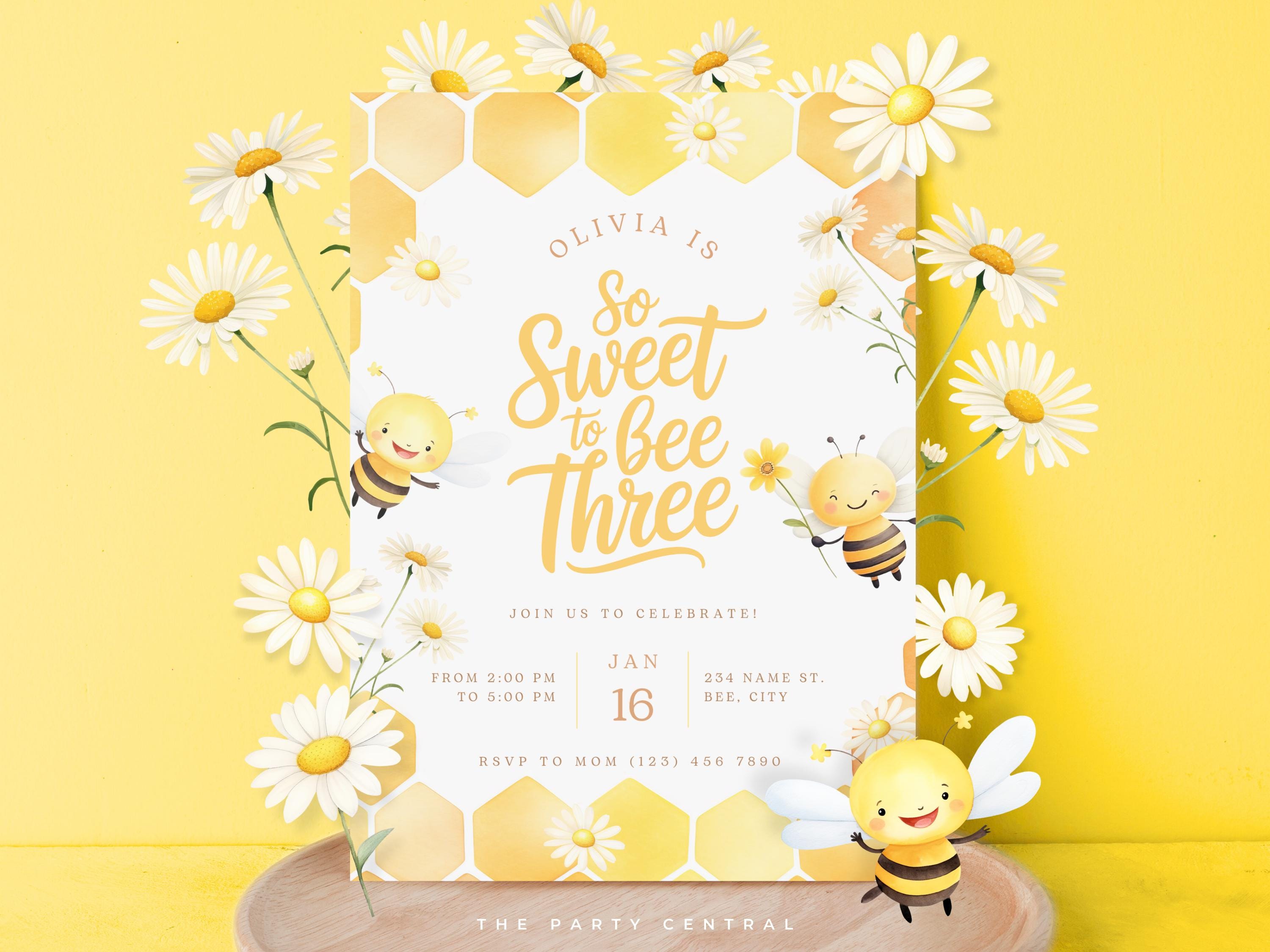 Sweet to Bee Three Birthday Invitation, 3rd Bee Themed Party Decoration ...