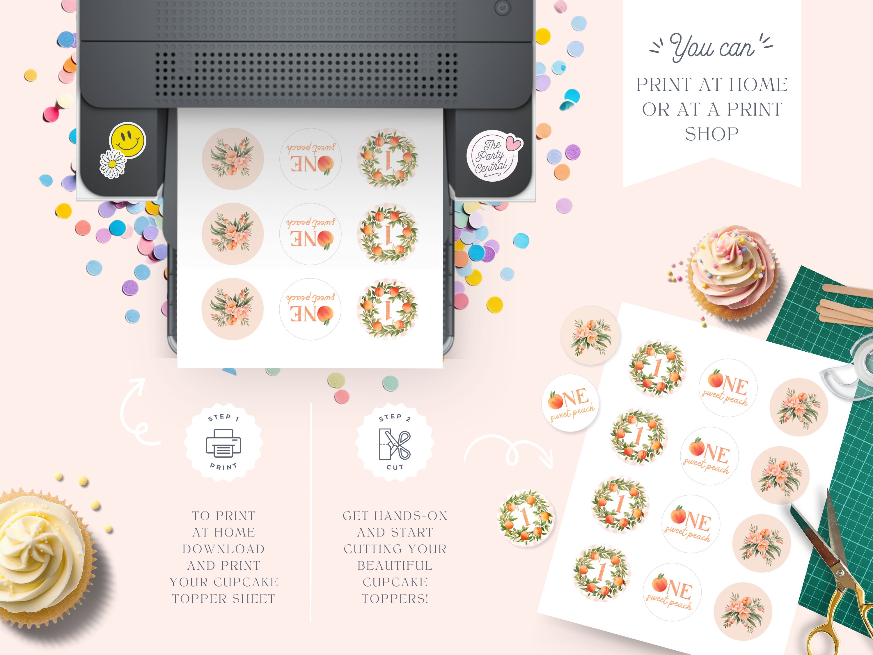 One Sweet Peach Cupcake Topper, Instant Download, Ready to Print Home ...