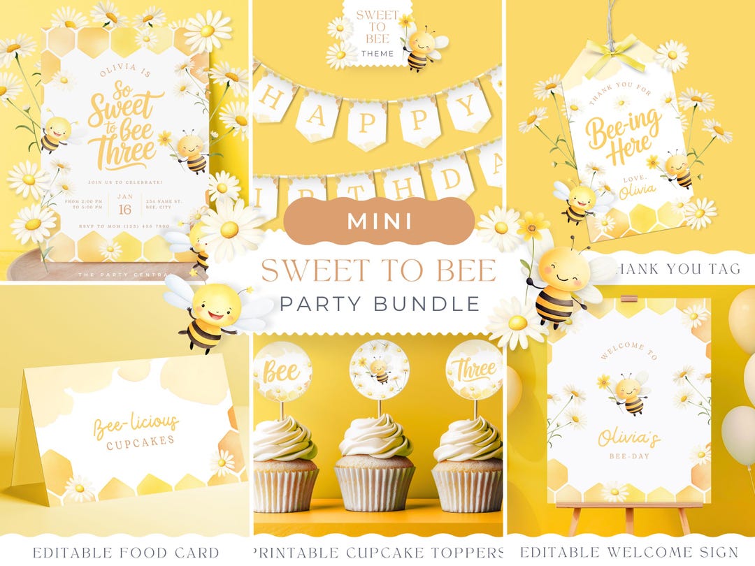 Bee Birthday BUNDLE, Sweet to Bee Three Decoration Kit, 3rd Bee Themed ...