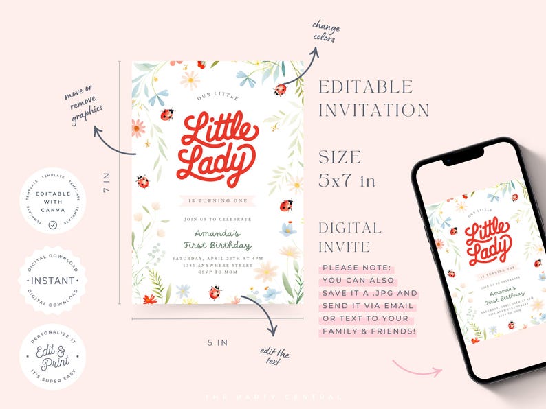 EDITABLE Ladybug Birthday Invitation, Little Lady Birthday Invite, Lady ...
