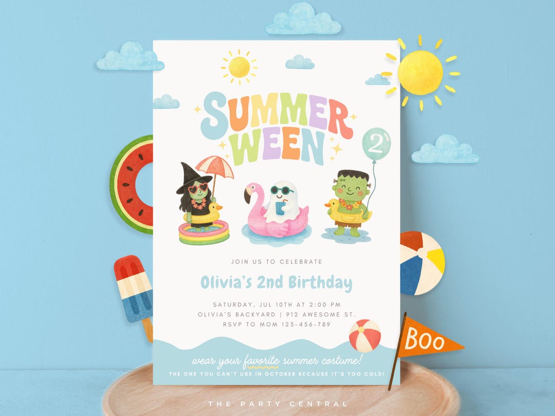 Summerween Birthday Invitation, Girl 2nd Pool Party Printable Invite ...