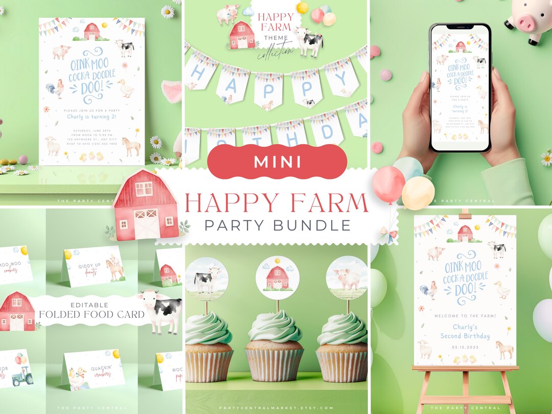 Farm Birthday Bundle, Printable Invitation, First Birthday Cupcake ...