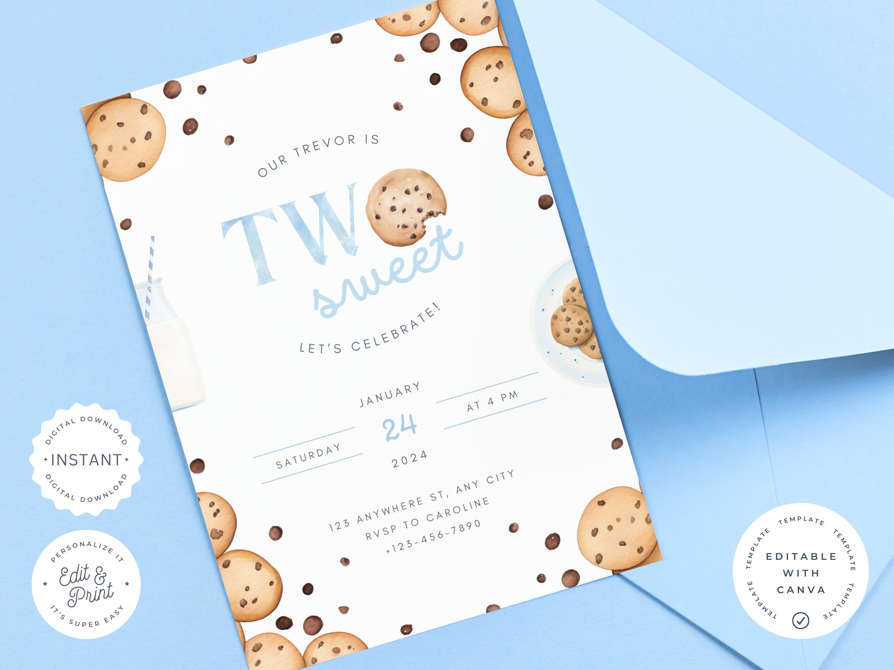 EDITABLE Two Sweet Birthday Cookies Invite, CANVA Template, Boy 2nd ...