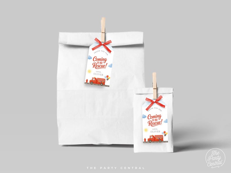 Fire Truck Thank You Tag, Firetruck Birthday Party Favor, Firefighter ...