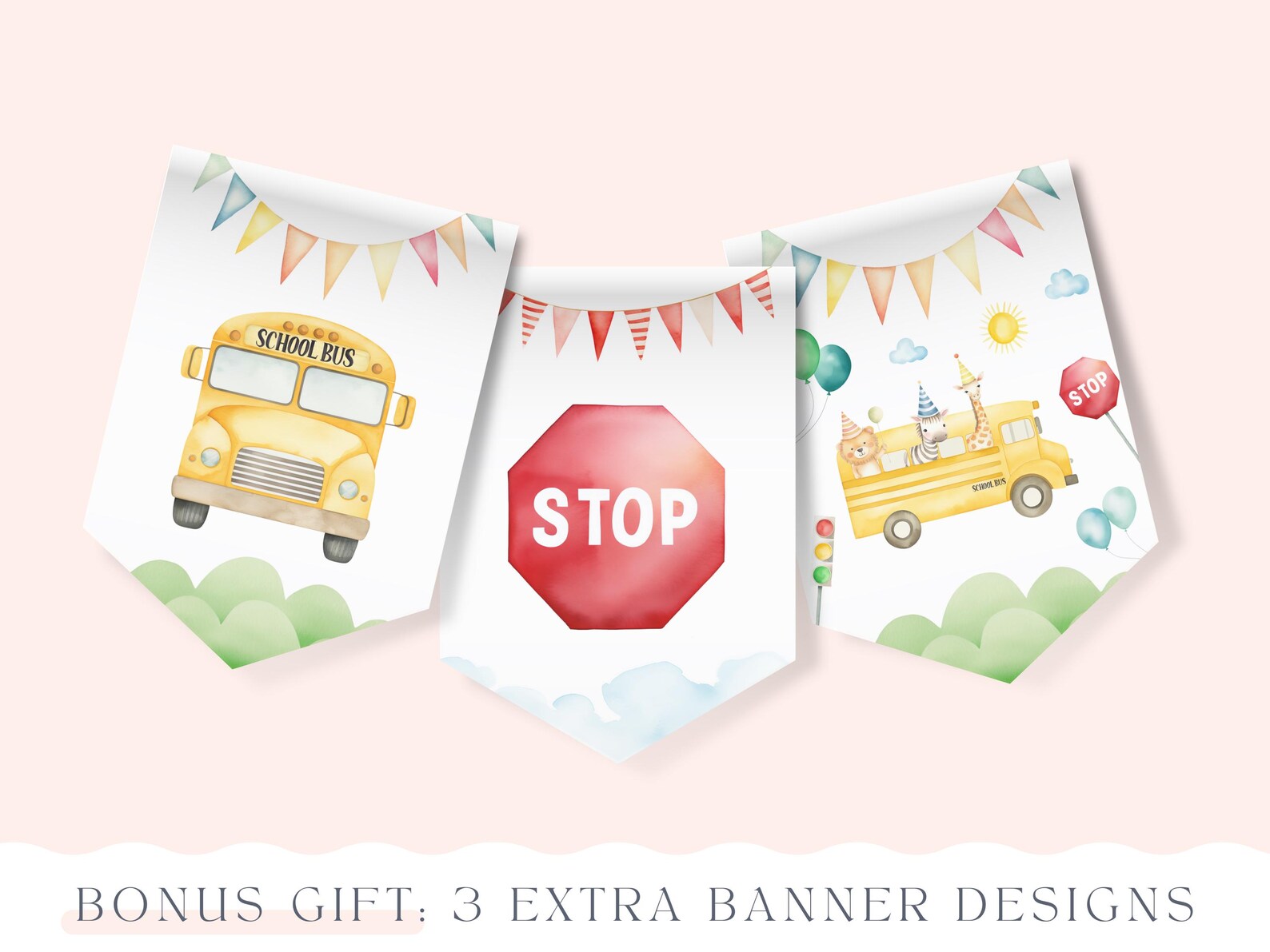 Wheels on the Bus Birthday Banner, School Bus Party Printable, Animals ...