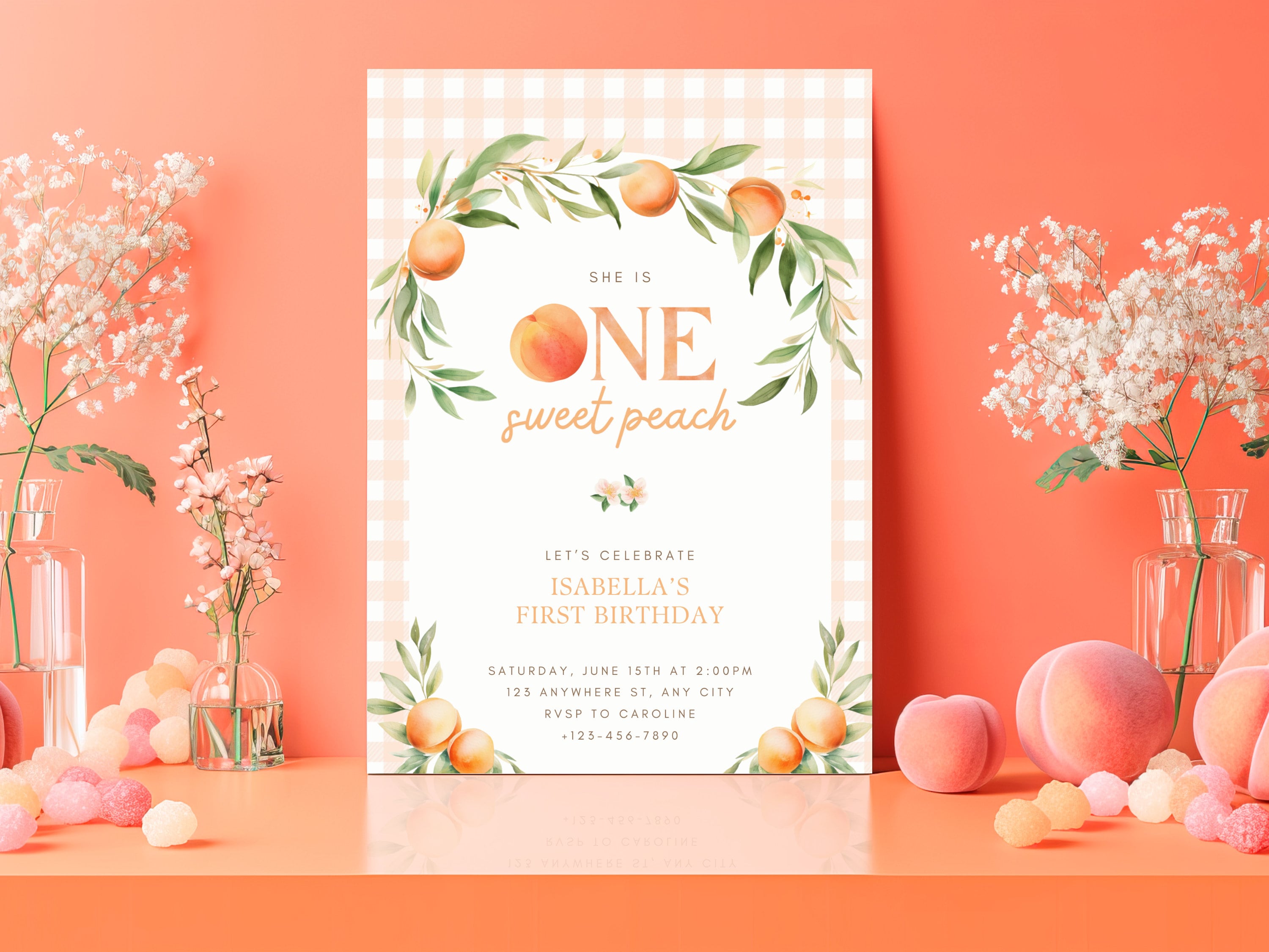 EDITABLE One Sweet Peach Birthday Invitation, CANVA Template, First ...