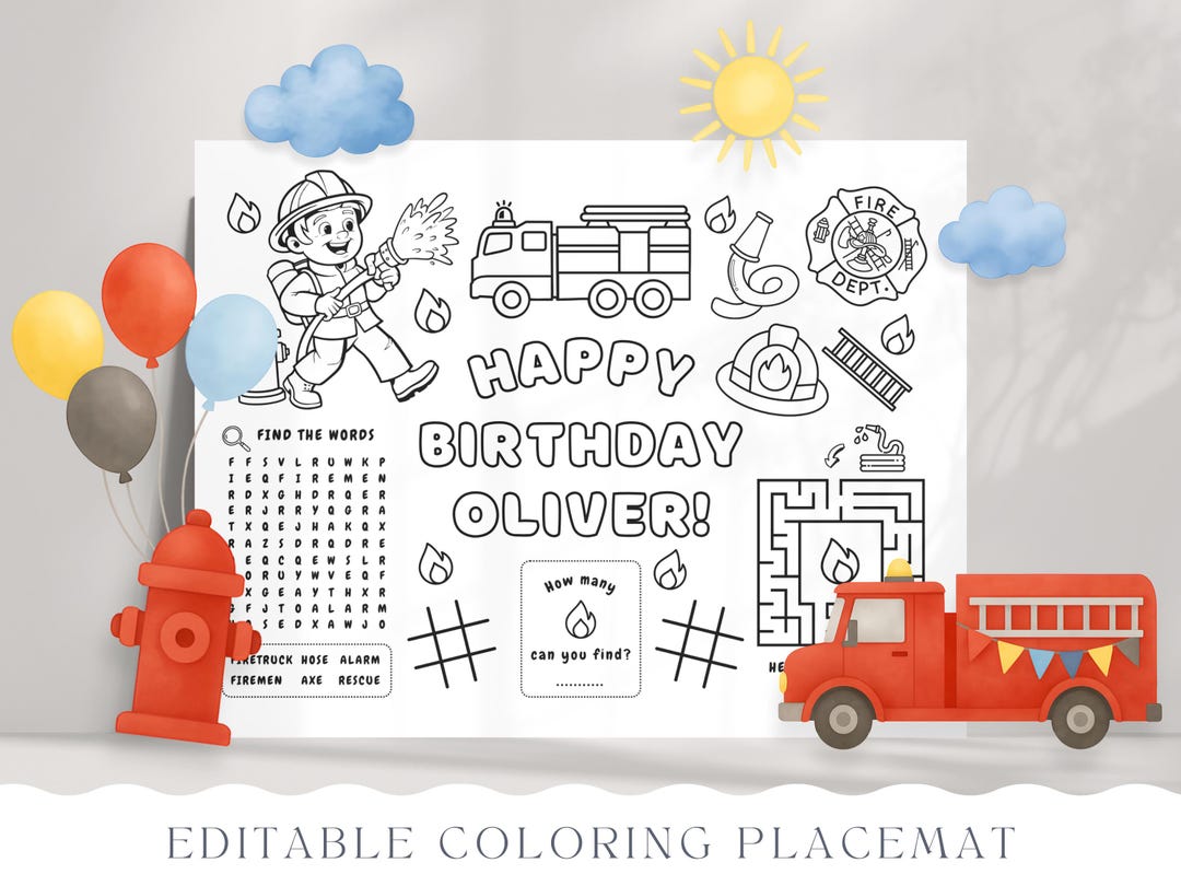 Firetruck Coloring Activity Placemat, Firefighter Coloring Page, Boy ...