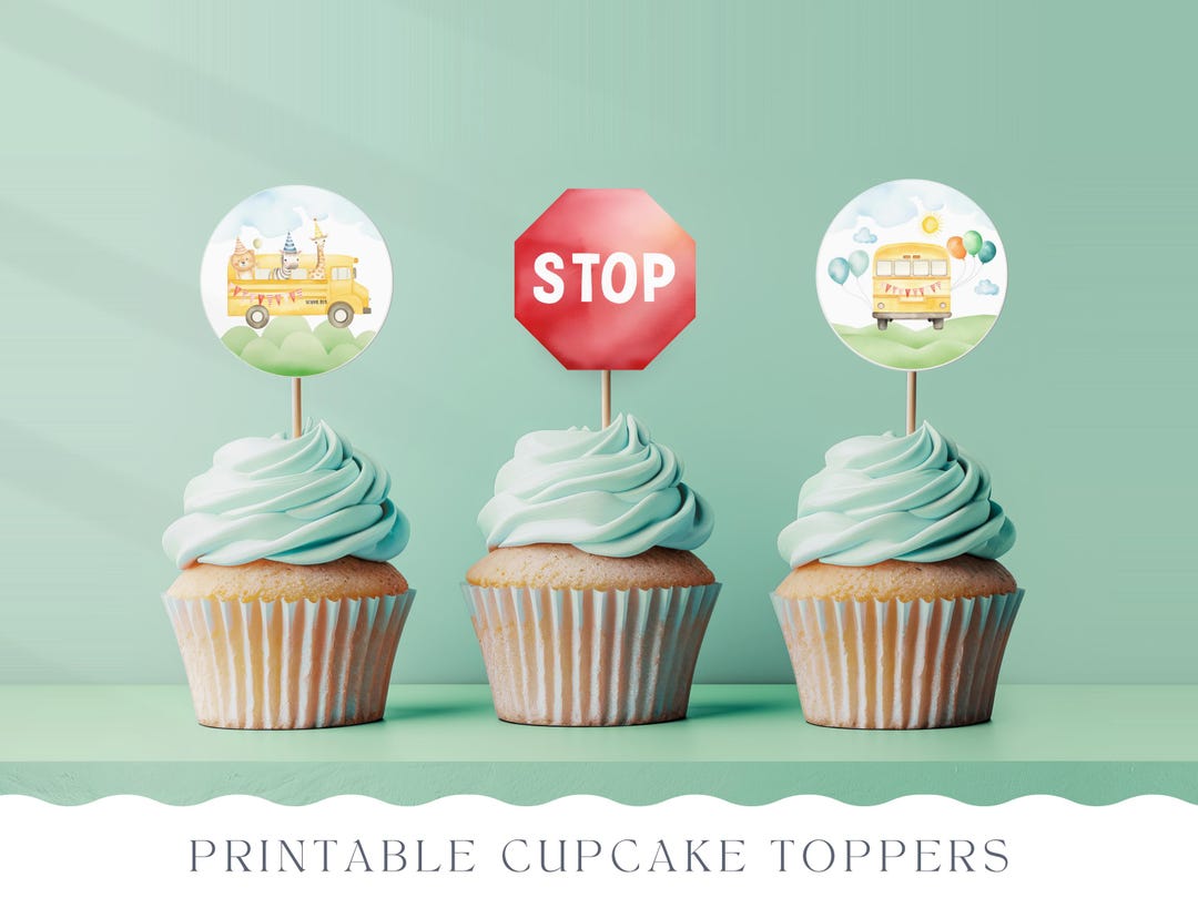 Wheels on the Bus Cupcake Topper, School Bus Cake Topper, Animals on A ...