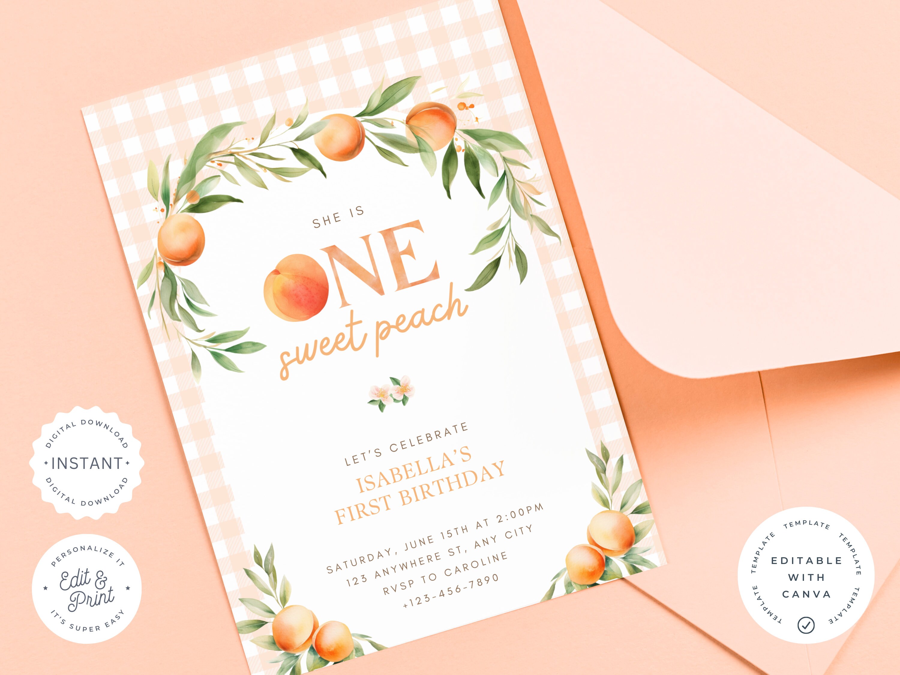EDITABLE One Sweet Peach Birthday Invitation, CANVA Template, First ...