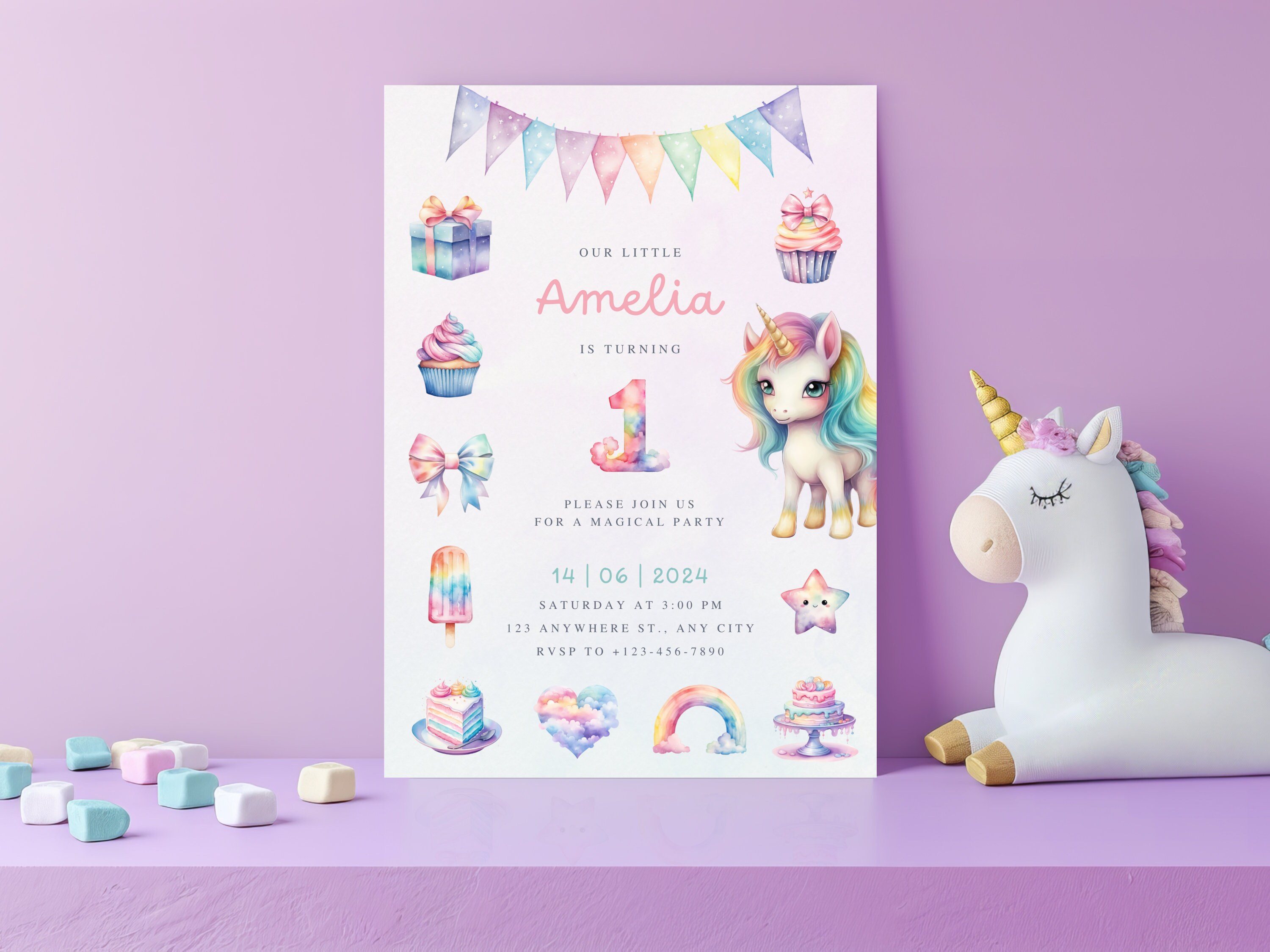 EDITABLE Unicorn 1st Birthday Invitation, Pastel Unicorns and Rainbows ...