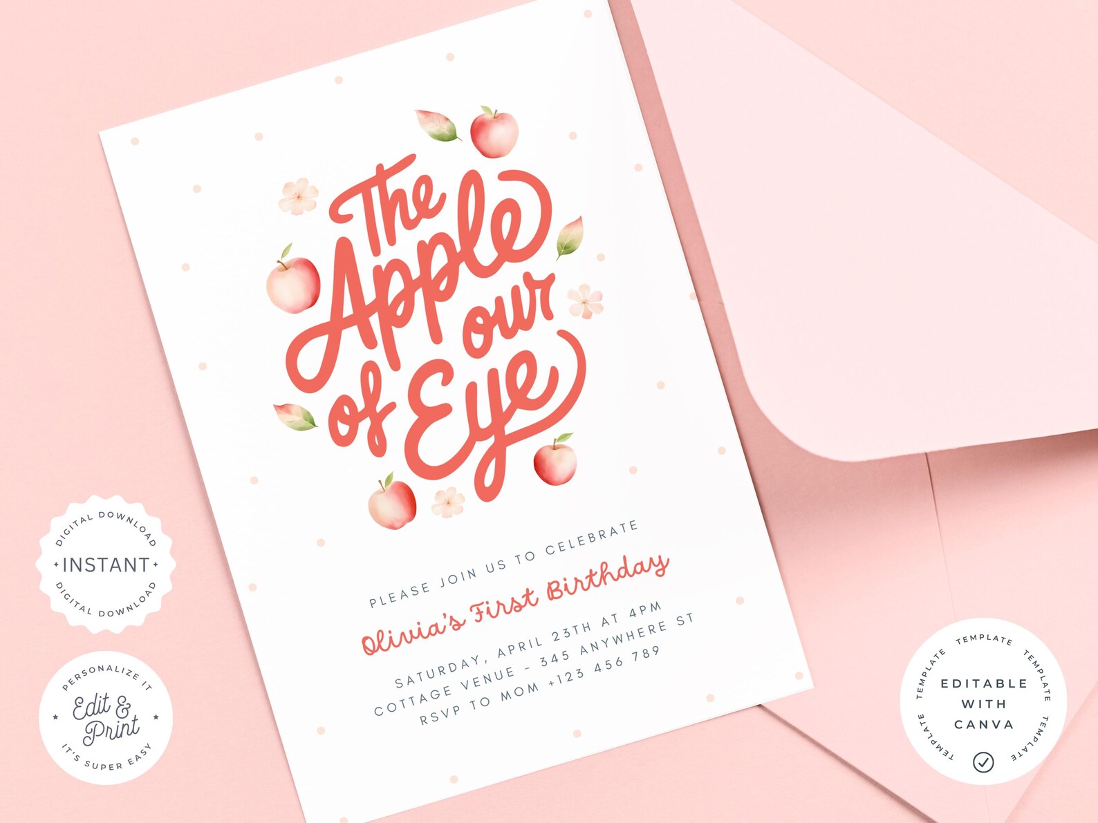 EDITABLE Apple of Our Eye Birthday Invitation, Girls First Birthday ...