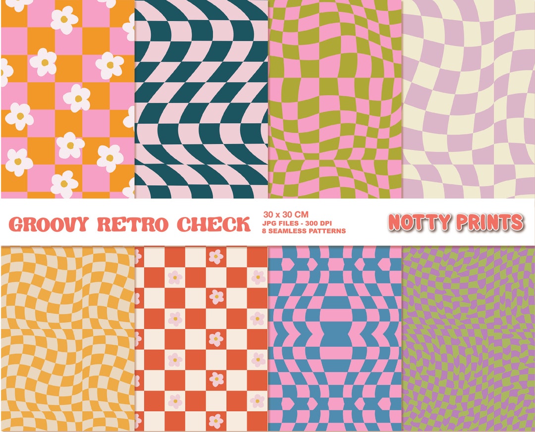 Set of Retro Checker Seamless Digital Paper, Groovy Style Checkered ...