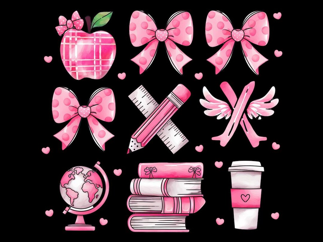 Pink School Supplies Clipart Bundle Digital Download, Cute Bows Pencils ...