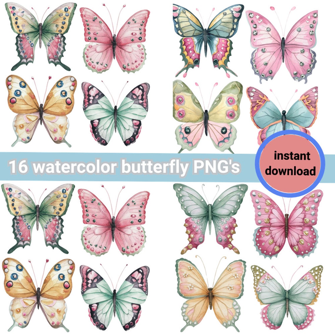 Watercolor Butterfly Digital Art PNG Bundle, Set of 16 Butterfly Wall ...