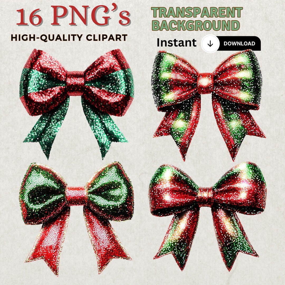 16 Christmas Glitter Bow Clipart PNG Set Festive Digital Download for ...