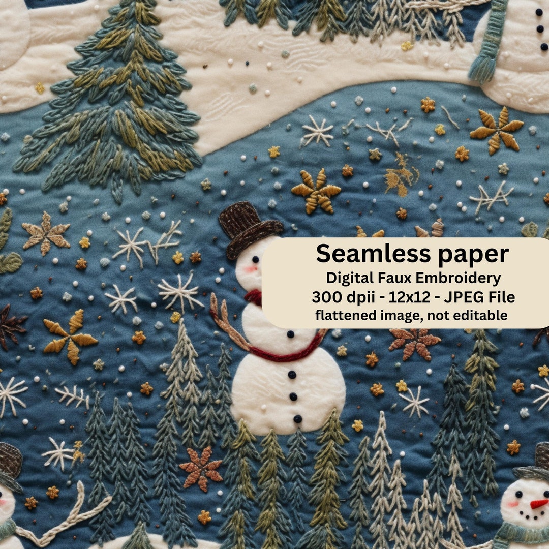 Repeat Embroidered Snowman Digital Pattern Paper Instant Download ...