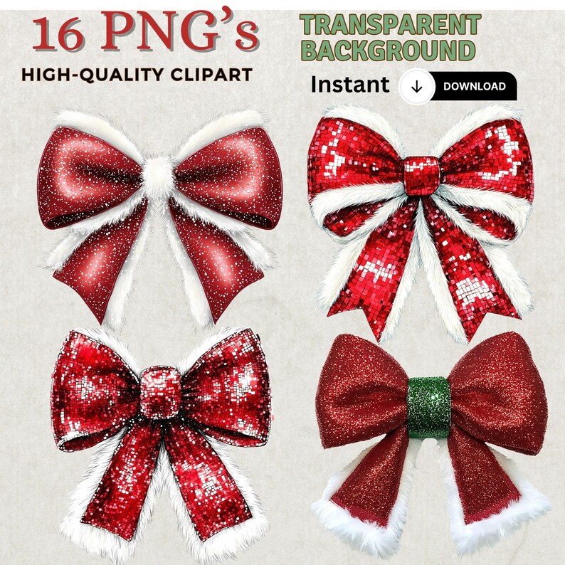 16 Christmas Glitter Bow Clipart PNG Set – Festive Digital Download for ...