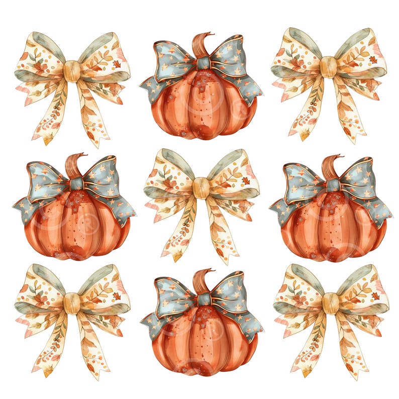 Autumn Pumpkin and Bows Digital Design, Fall Harvest PNG Clipart ...