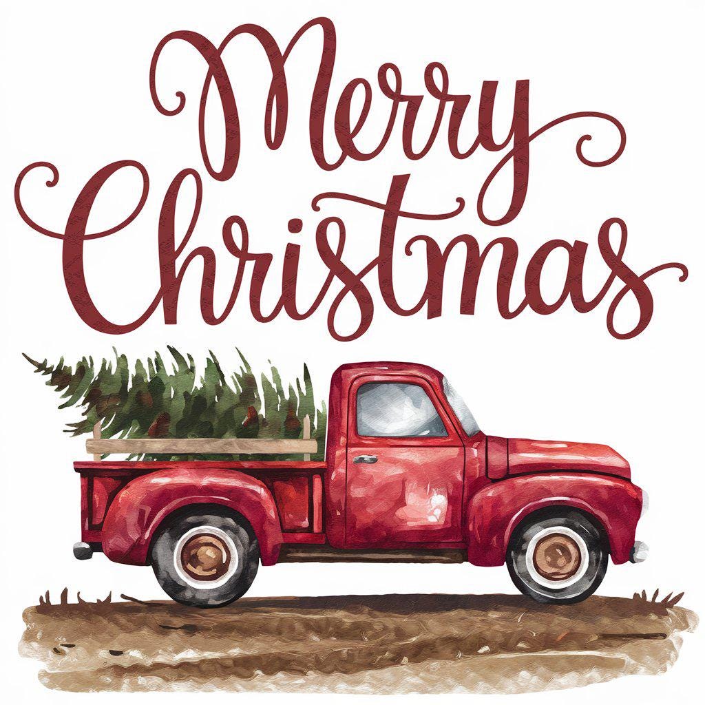 Vintage Red Truck Christmas Tree Watercolor PNG, Merry Christmas ...