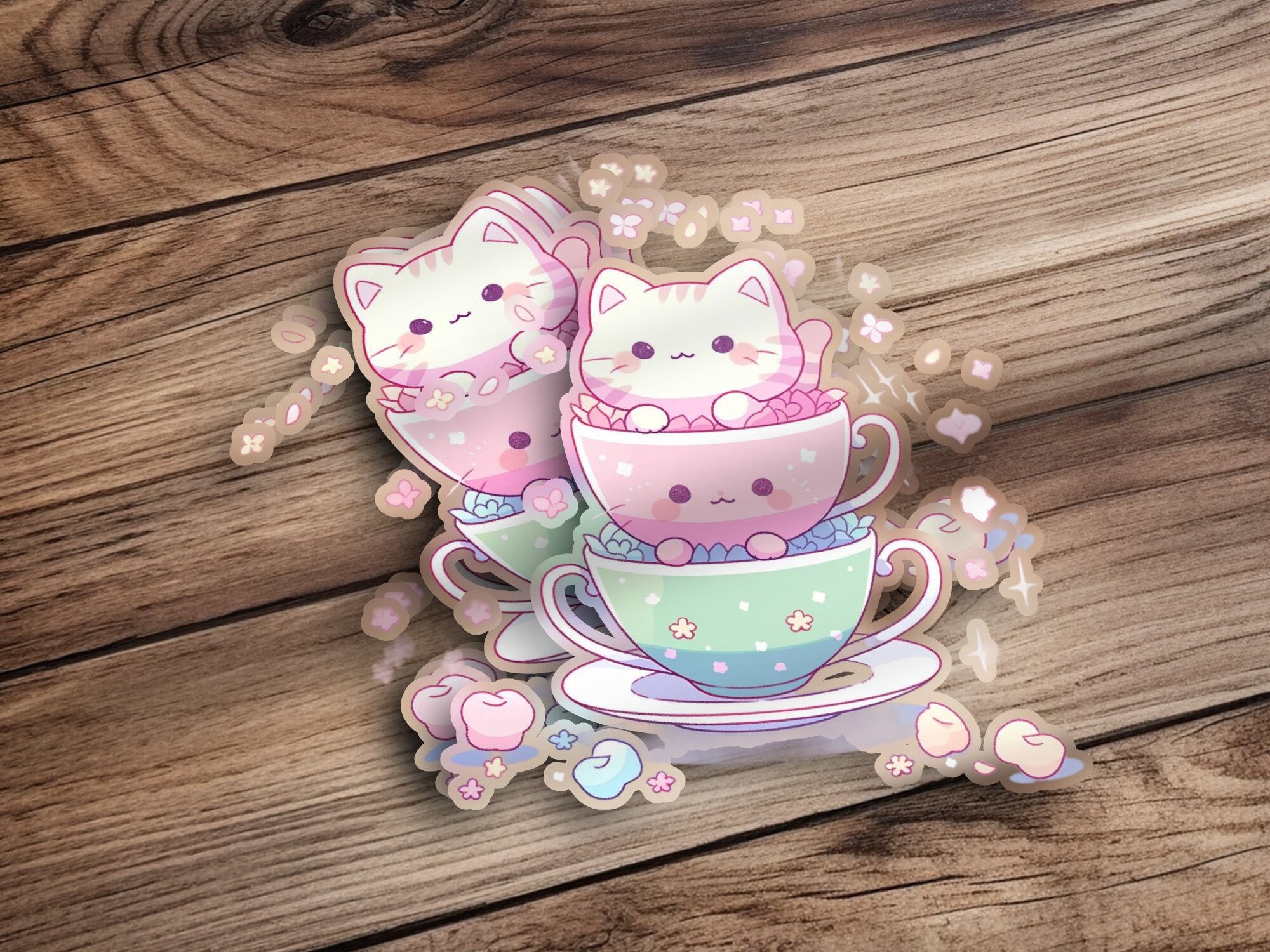 Cute Kawaii Kitten in Teacups Digital PNG Art, Nursery Wall Decor ...