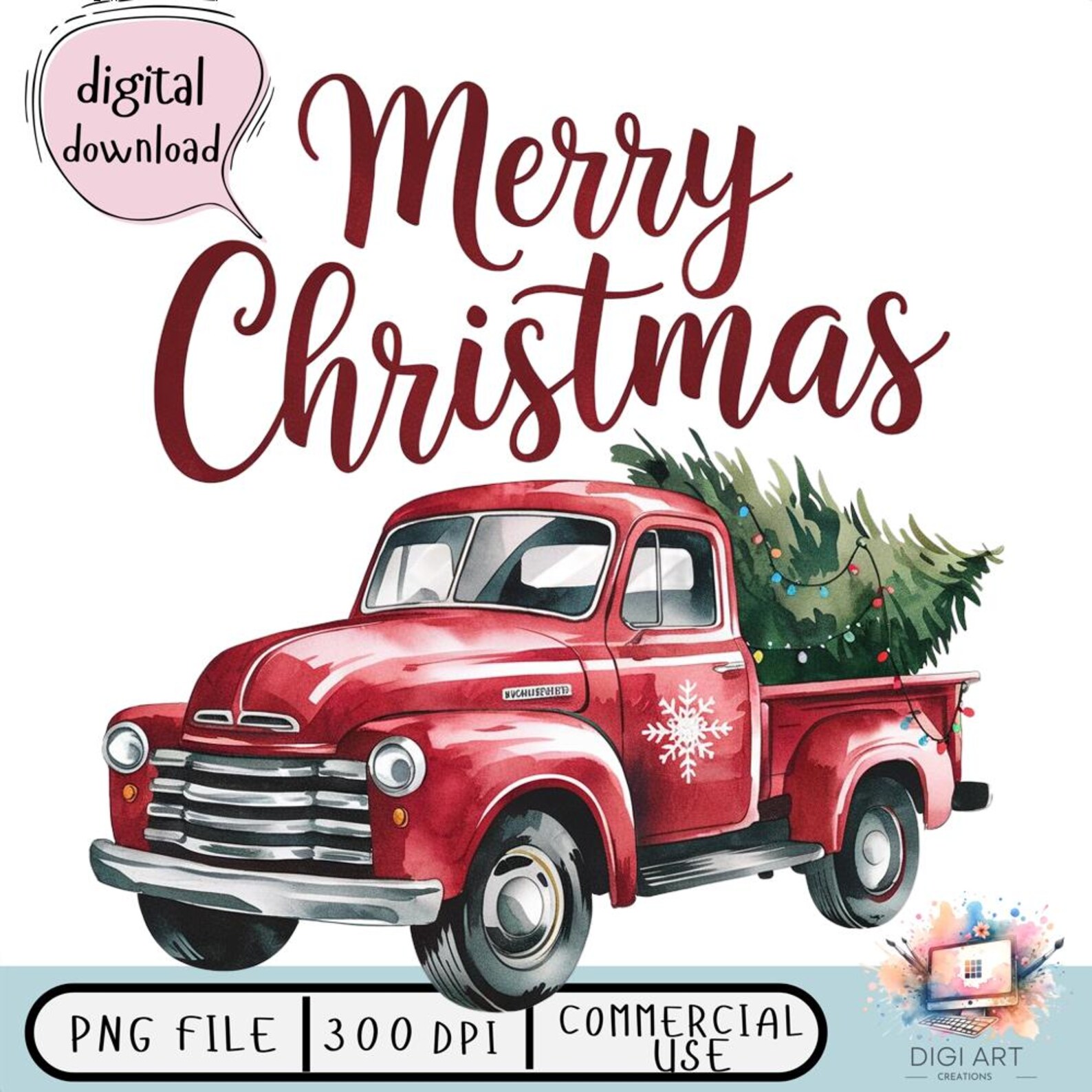 Merry Christmas Red Truck Digital PNG, Vintage Holiday Truck With Tree ...