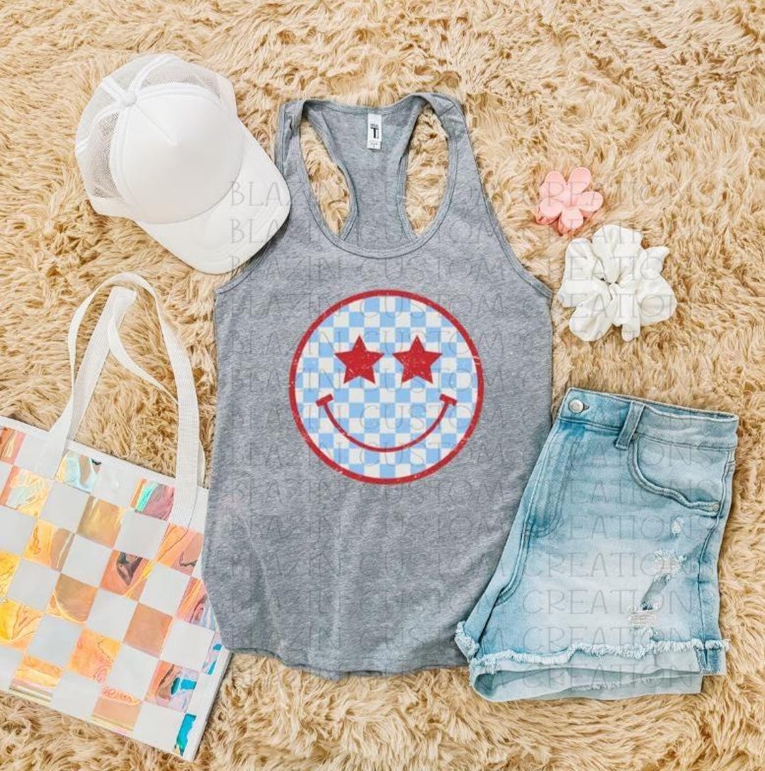 Checkered Smiley Face | Tank Top | 4th of July | Patriotic - Etsy
