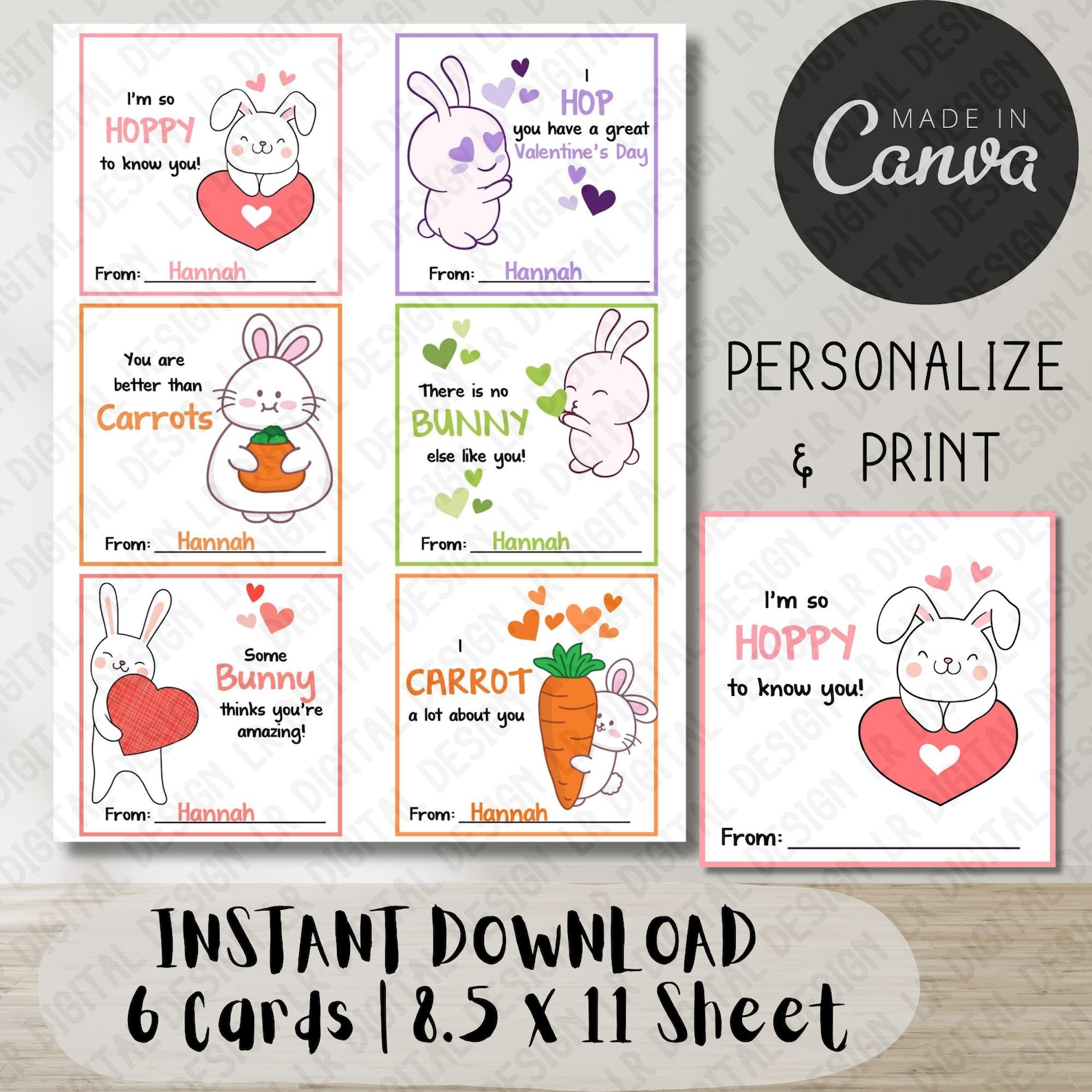 Bunny Love Valentine Class Cards Set of 6 Personalizable Bunny Class ...