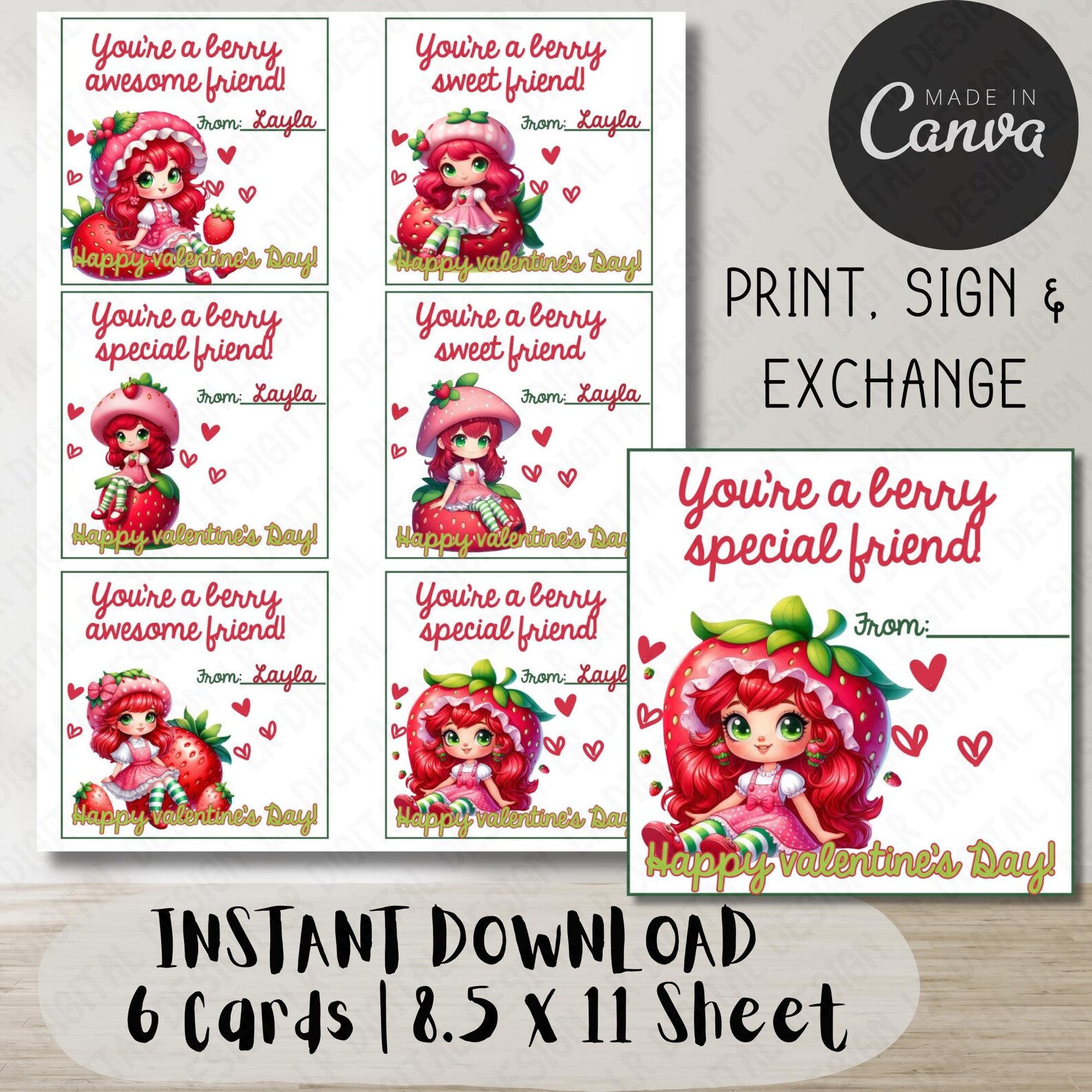 Strawberry Girl Valentine Cards - Sweet & Fun. Perfect for Classroom ...