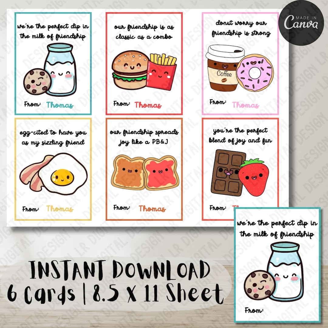 Kawaii Food Pairing Valentine Cards Set of 6 Adorable Foodie Valentines ...