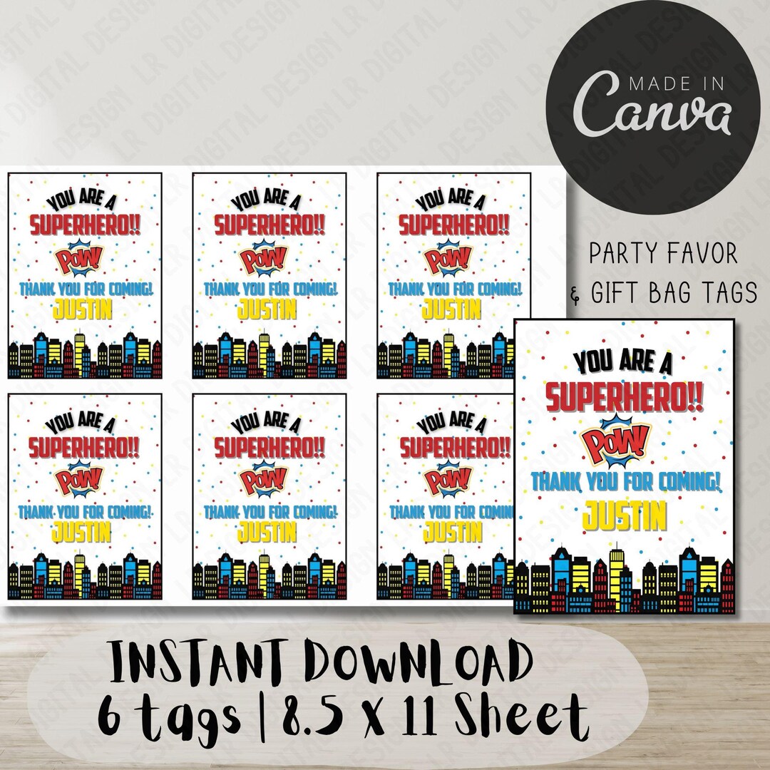 Superhero's Epic Adventure Party Favor Thank You Tags - Power Up, Edit ...
