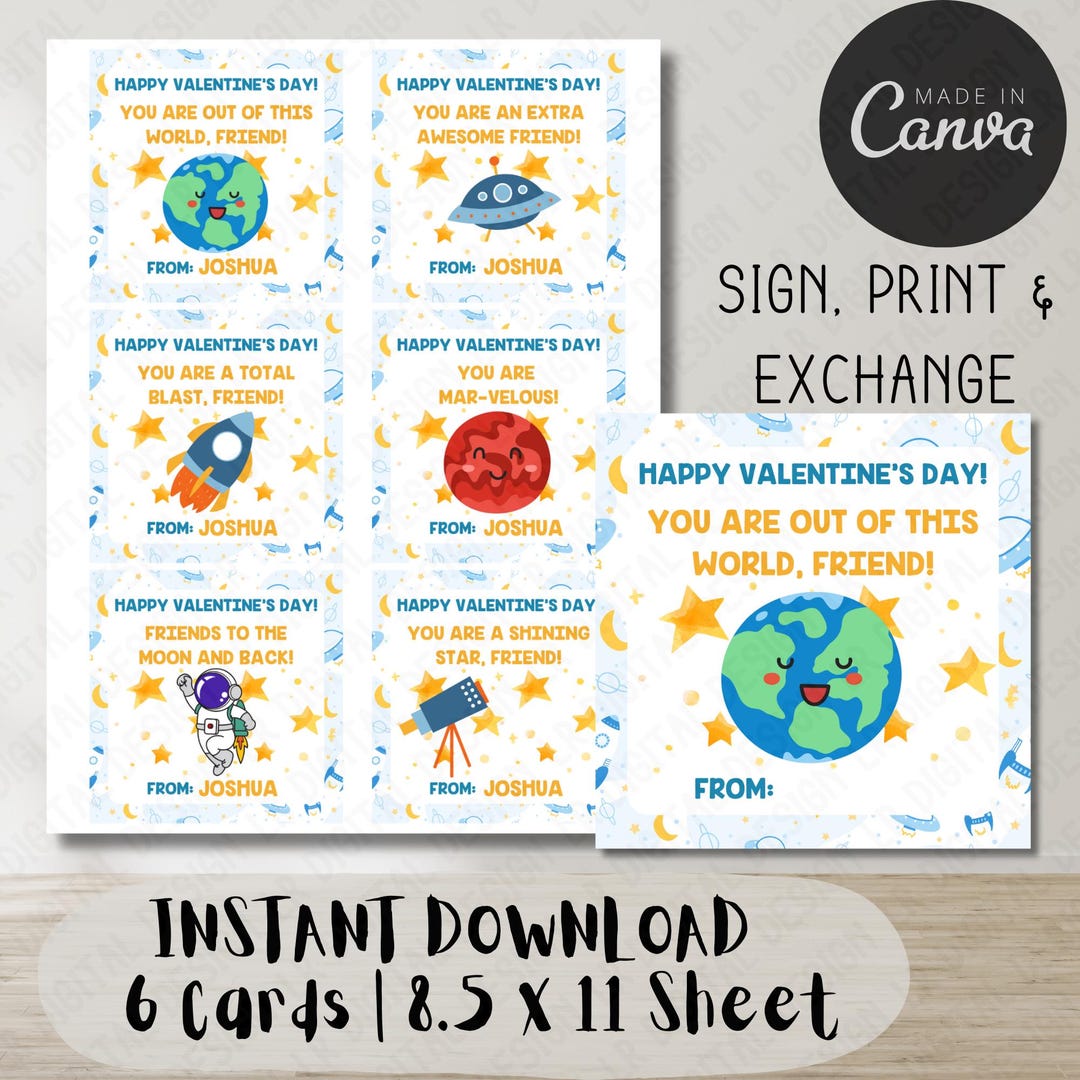 Out-of-this-world Space Valentine Cards for Kids - Double-sided Digital ...