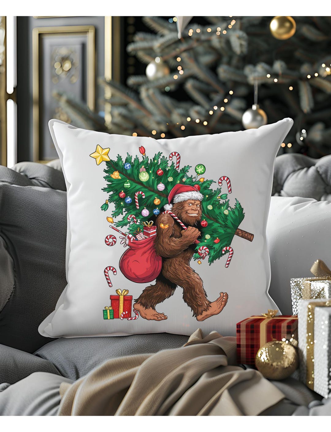 Bigfoot Christmas Pillow, Bigfoot Santa Clause, Bigfoot Believe Pillow ...