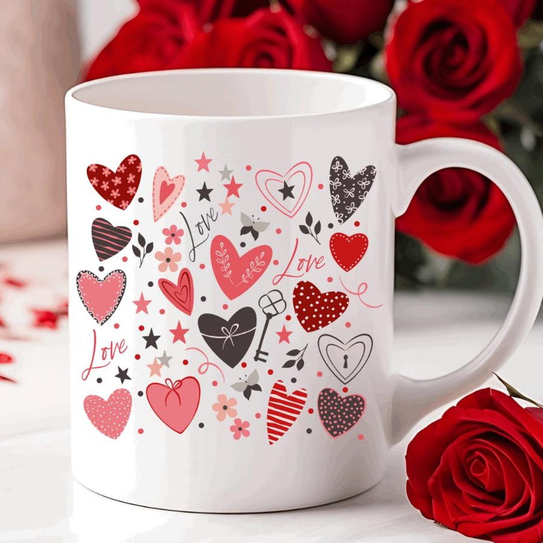 Valentine Ceramic Mug, Cute Heart Design, Holiday Coffee Cup Gift, Love ...
