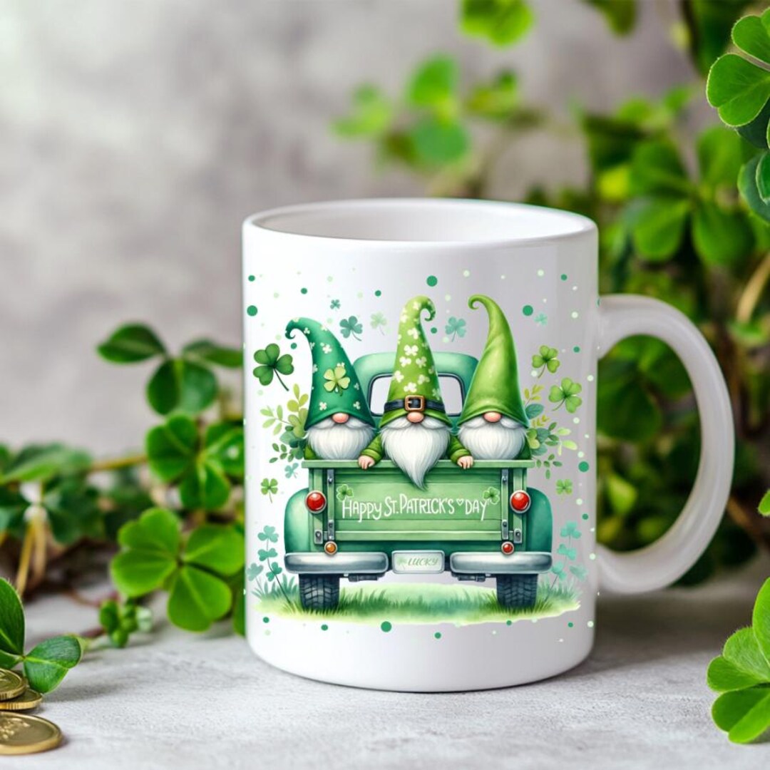Green Gnome St Patricks Day Ceramic Mug - Lucky Shamrock Truck Coffee ...