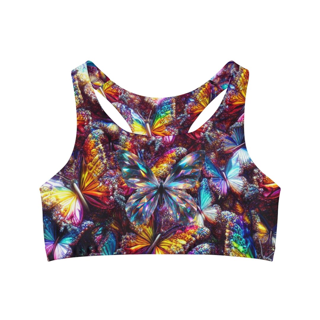 Colorful Butterflies Gathering Seamless Sports Bra, Butterfly Print ...
