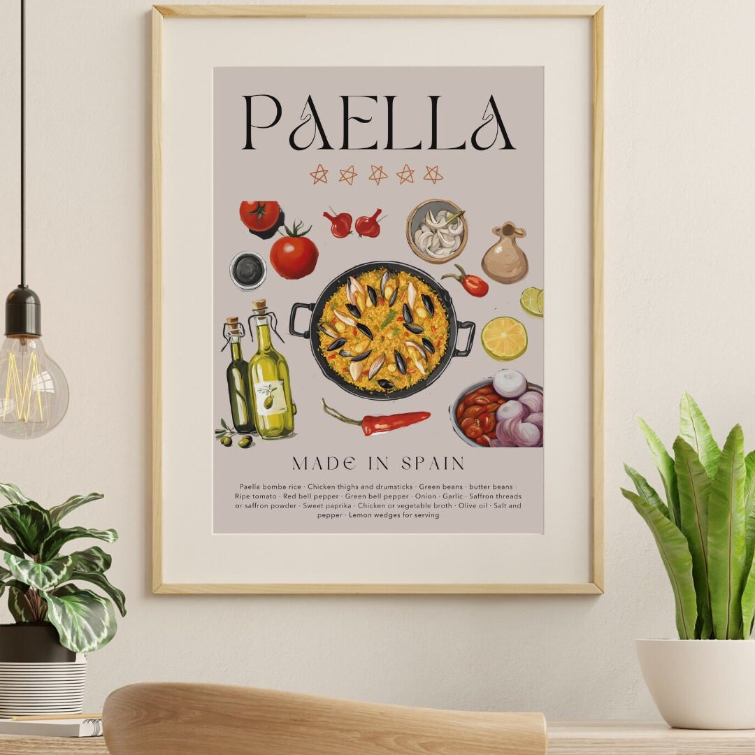 Paella Art Print: Spanish Cuisine Poster, Vintage Kitchen Decor ...