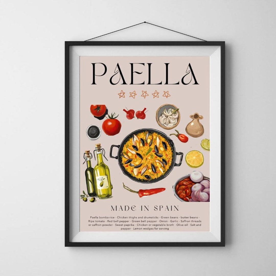 Paella Art Print: Spanish Cuisine Poster, Vintage Kitchen Decor ...