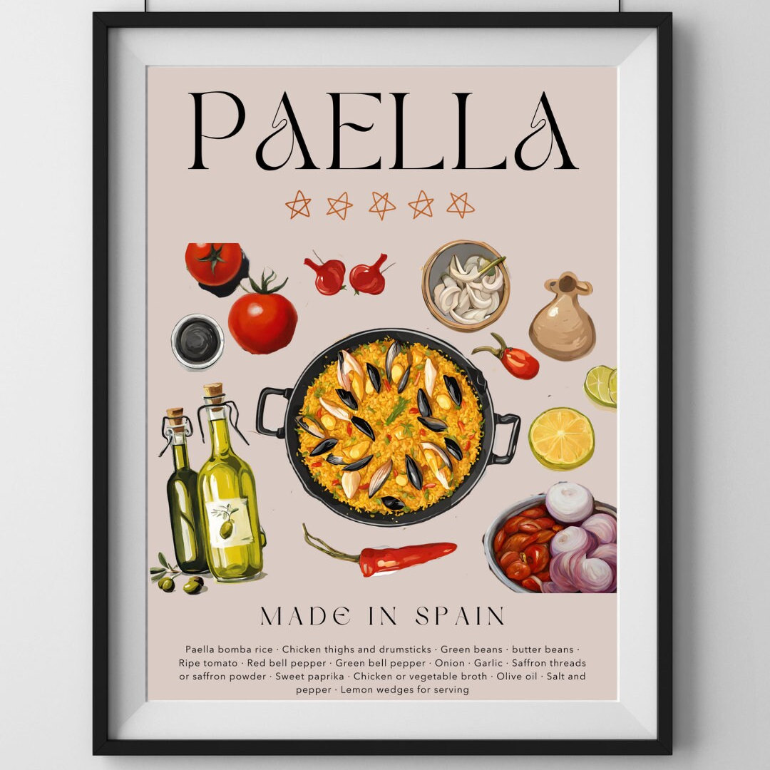 Paella Art Print: Spanish Cuisine Poster, Vintage Kitchen Decor ...